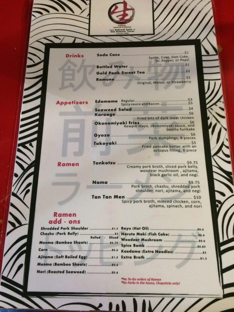 Menu at Nama Ramen restaurant, San Antonio