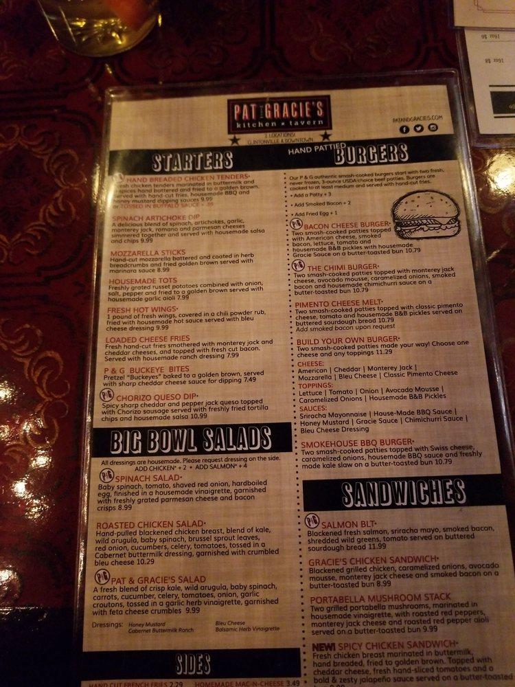 Menu at Pat and Gracie's restaurant, Columbus, 138 Graceland Blvd