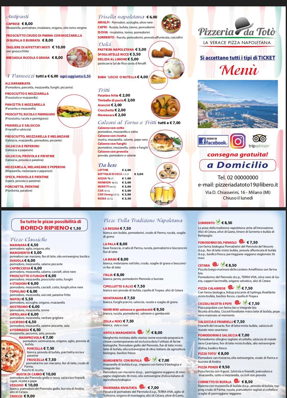 Menu at Pizzeria da Totò, Milan