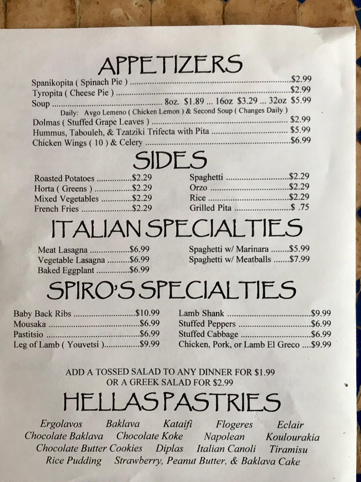Menu at Spiros Cafe, South Pasadena