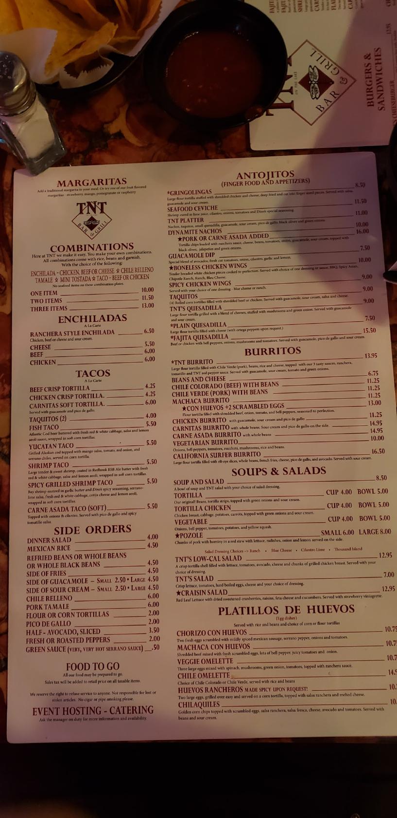 Menu at TNT on the Lake restaurant, Lakeport, Lakeshore Blvd