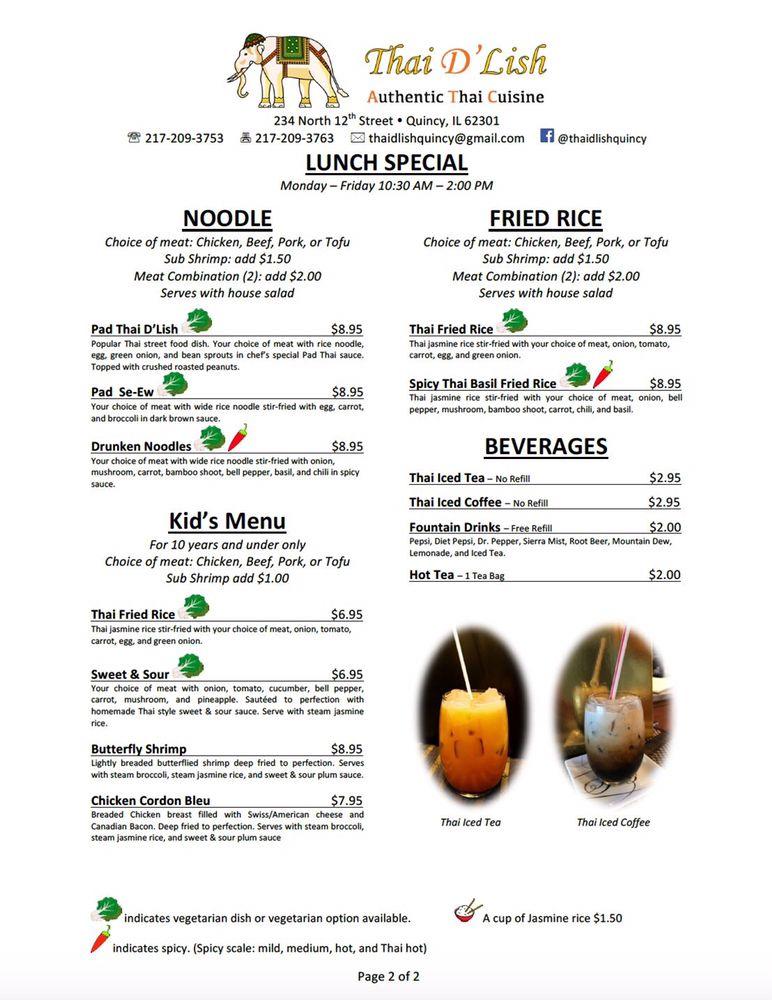 Menu at Thai D'Lish restaurant, Quincy