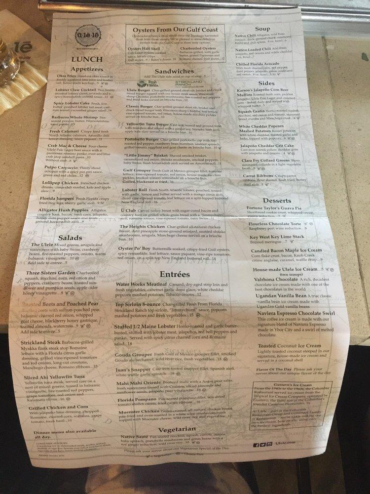 Menu at Ulele restaurant, Tampa, N Highland Ave
