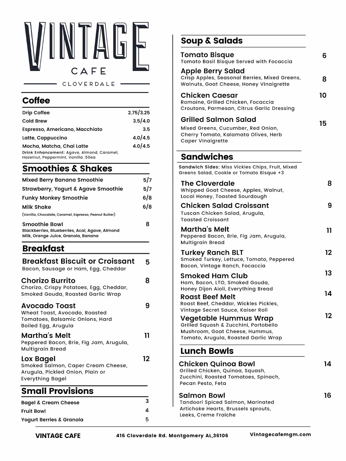 Menu at Vintage Cafe, Montgomery