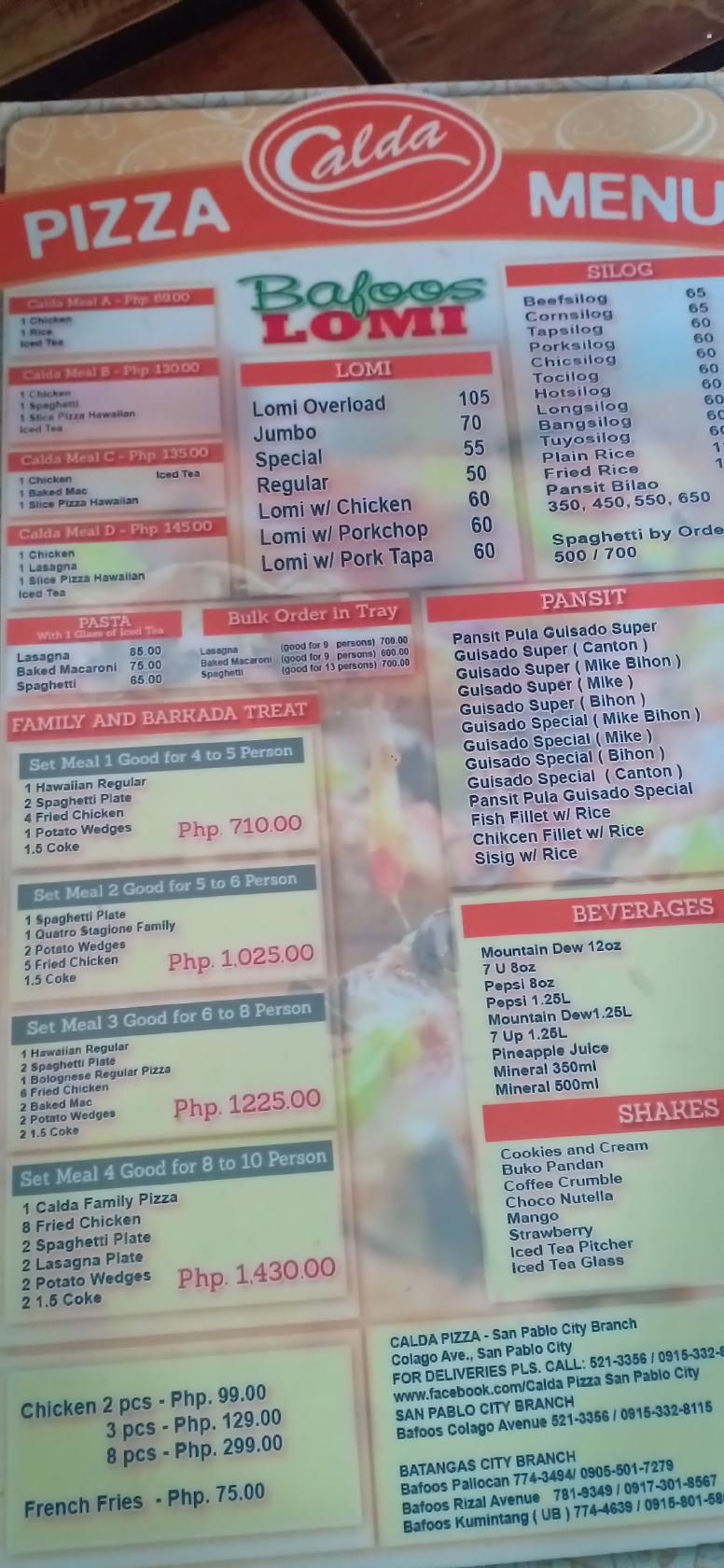 Menu at Bafoos Lomi Haus & Restaurant, San Pablo City