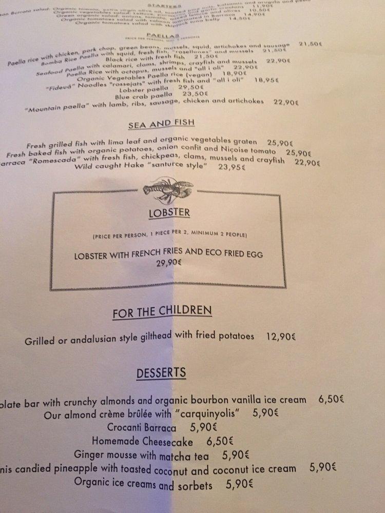 Menu at Barraca, Barcelona, Pg. Marítim de la Barceloneta