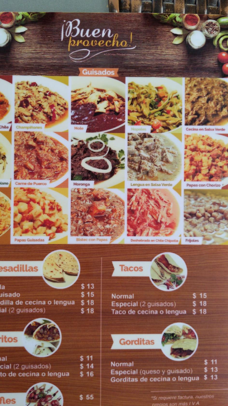 Carta del restaurante Buen Provecho, Pénjamo