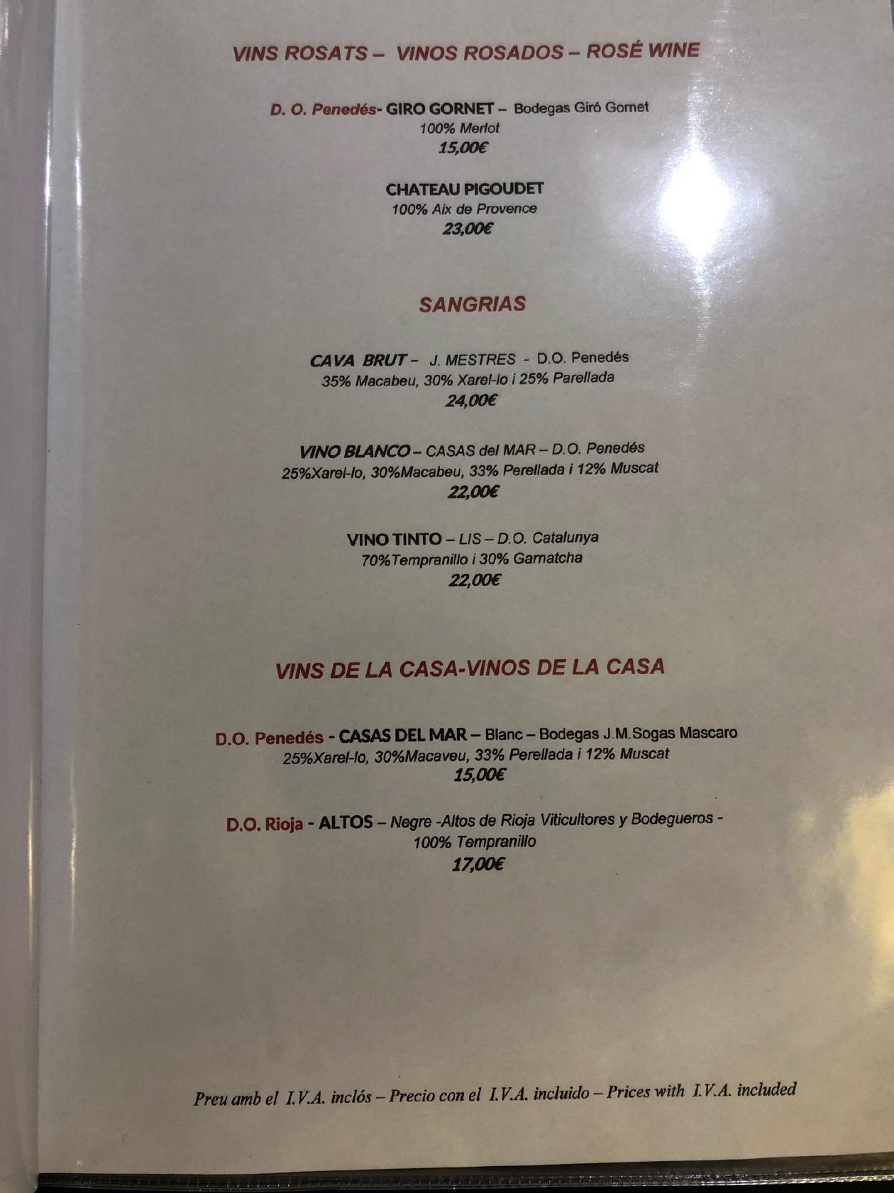 Menu at Can Solé restaurant, Barcelona, C. de Sant Carles