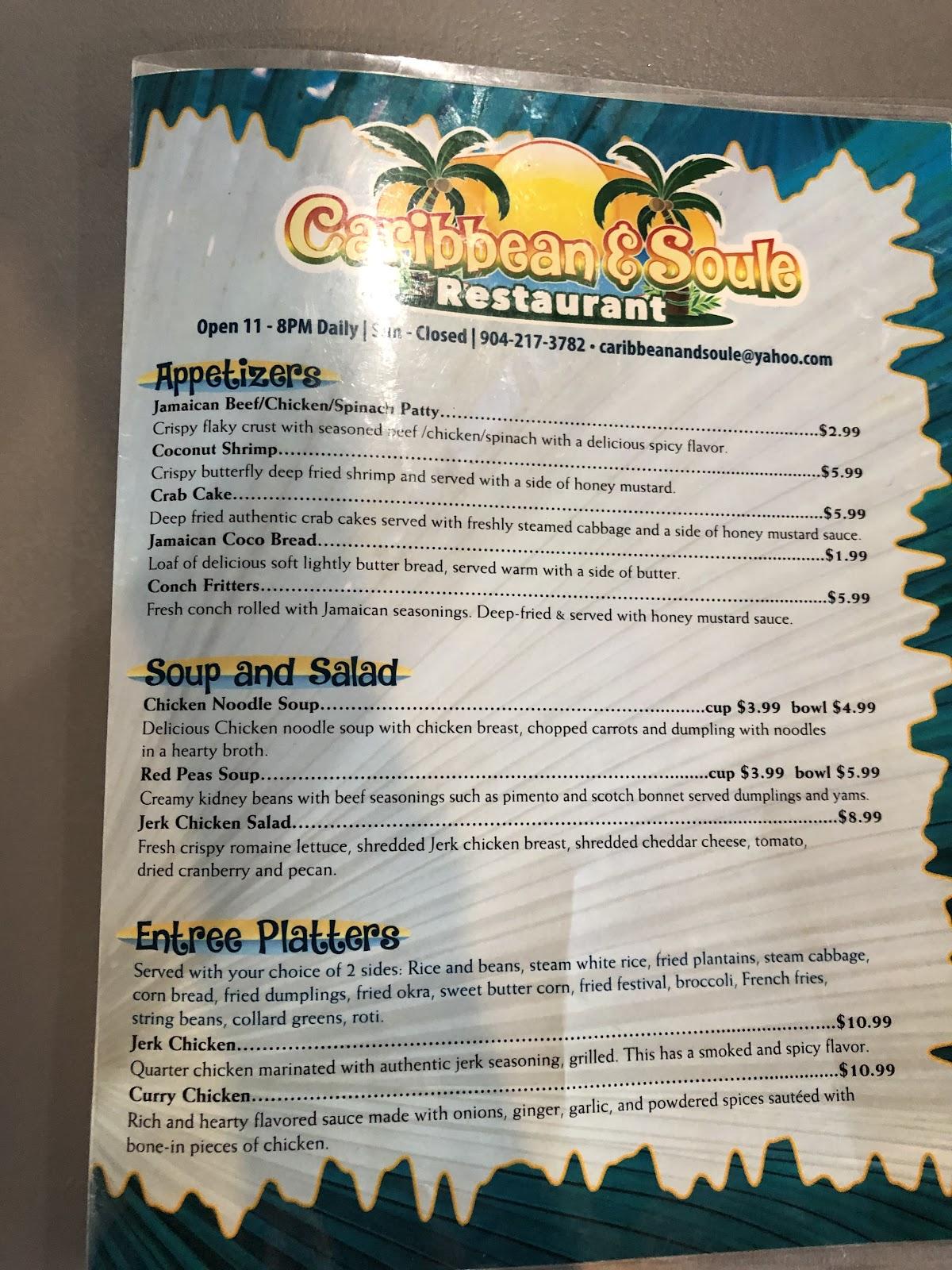Menu at Caribbean & Soule Restaurant, St. Augustine