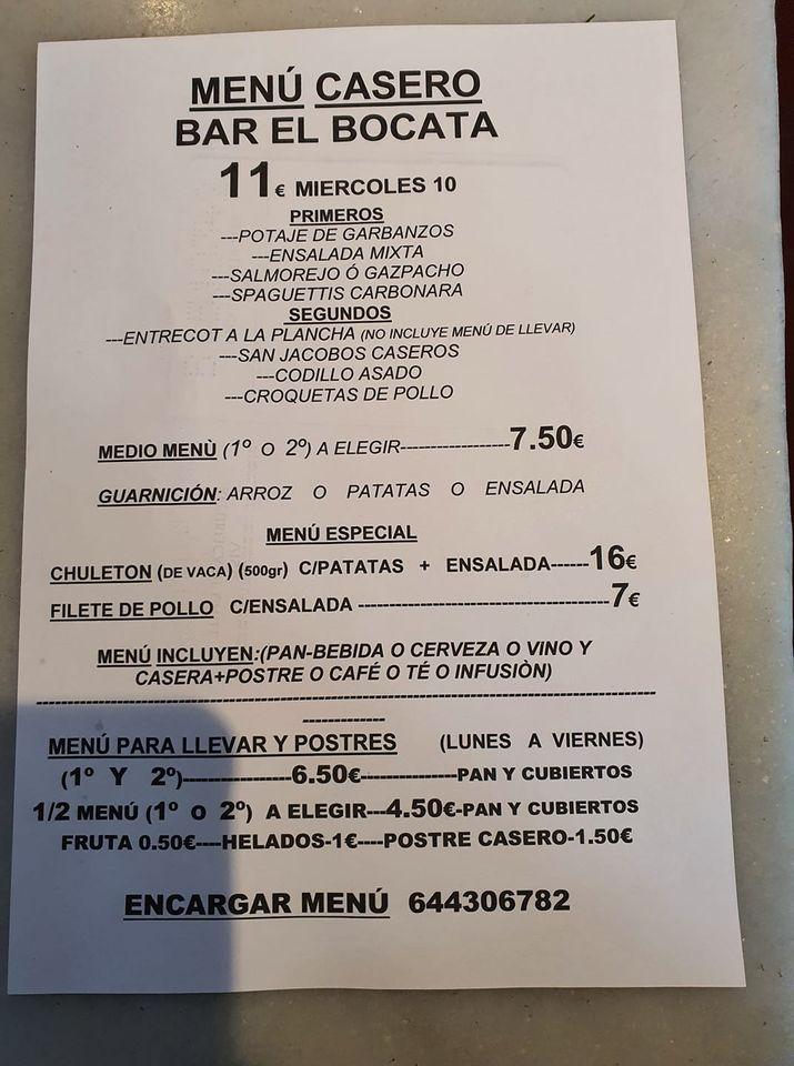 Menu at El Bocata pub & bar, Madrid