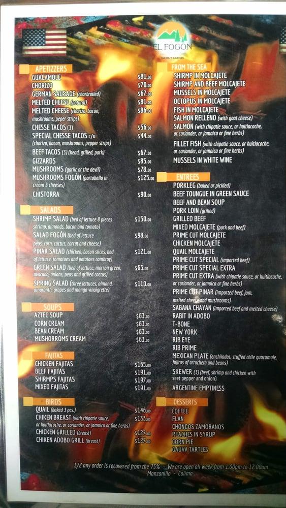 Menu at El Fogon restaurant, Manzanillo, Boulevard Miguel de la Madrid ...