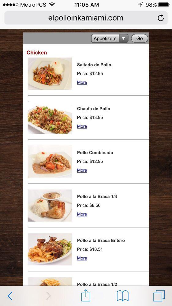 Menu at El Pollo Inka Miami restaurant, Miami, NW 36th St
