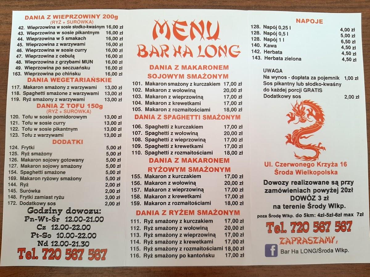 Menu at Bar Ha Long, Sroda Wielkopolska