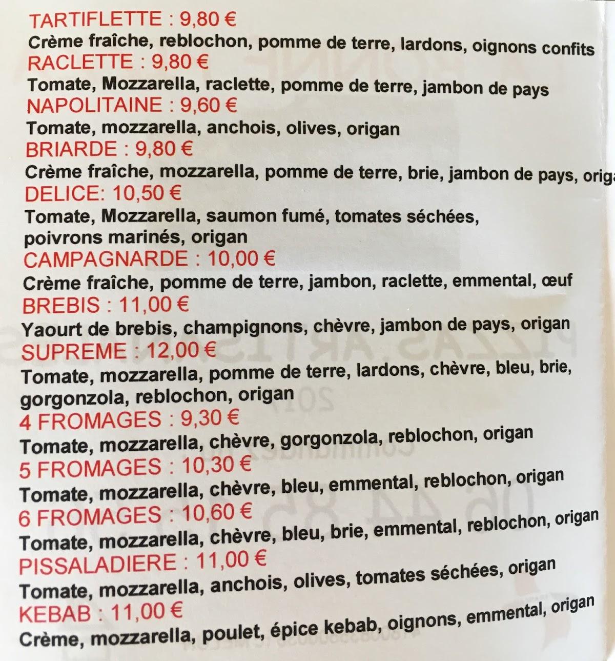 Menu at LA BONNE PIZZA pizzeria, Larchant