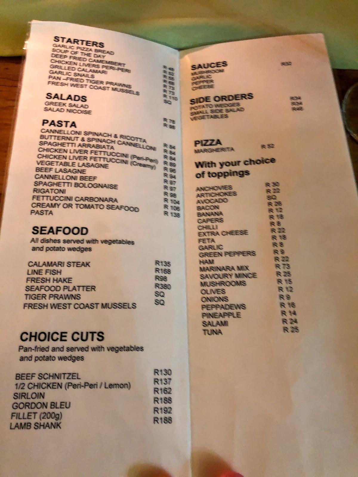 Menu at Moltenos restaurant, Onrus