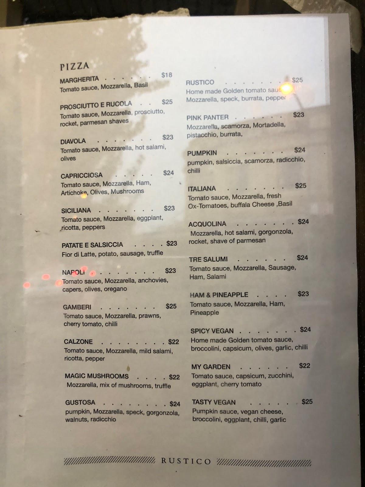 Menu at Rustico restaurant, Katoomba