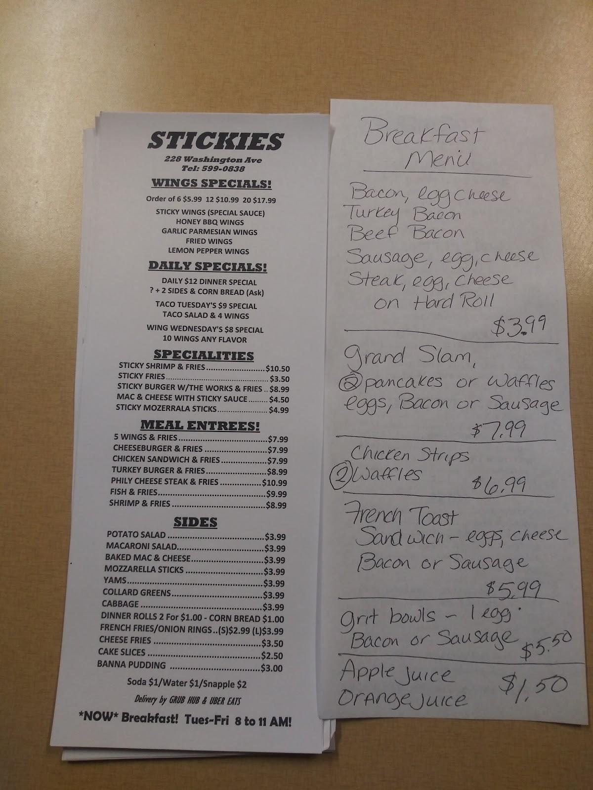 Menu at Stickies fast food, Albany, 228 Washington Ave