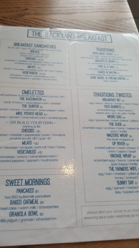Menu at The Backyard restaurant, Milton