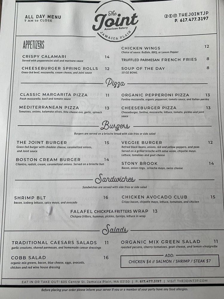 Menu at The Joint restaurant, Boston