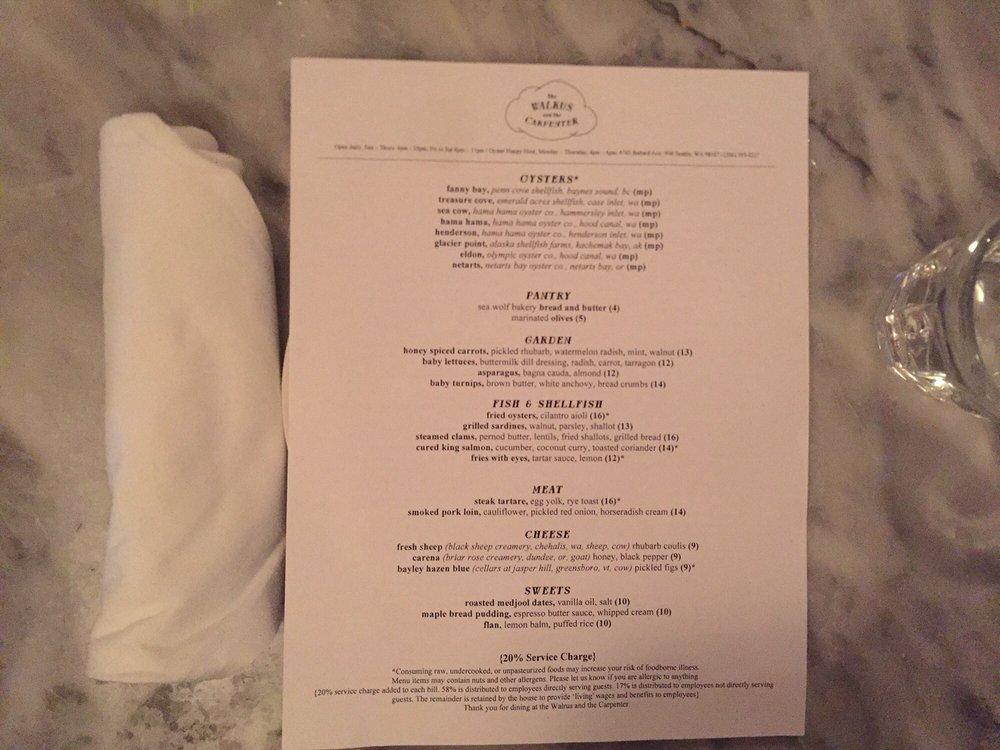 Menu at The Walrus and the Carpenter restaurant, Seattle