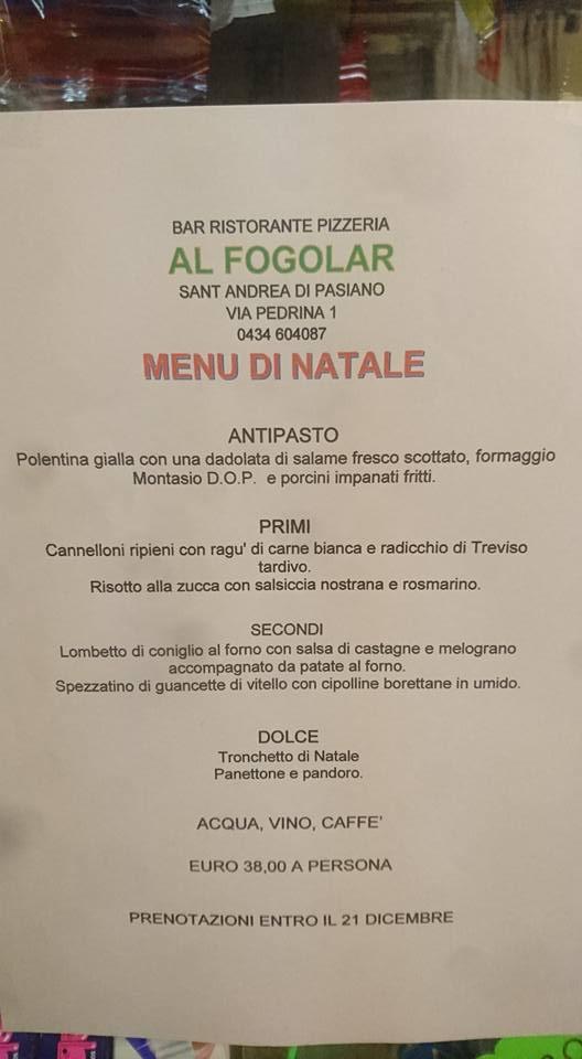 Menu da Al Fogolar ristorante, Pasiano di Pordenone