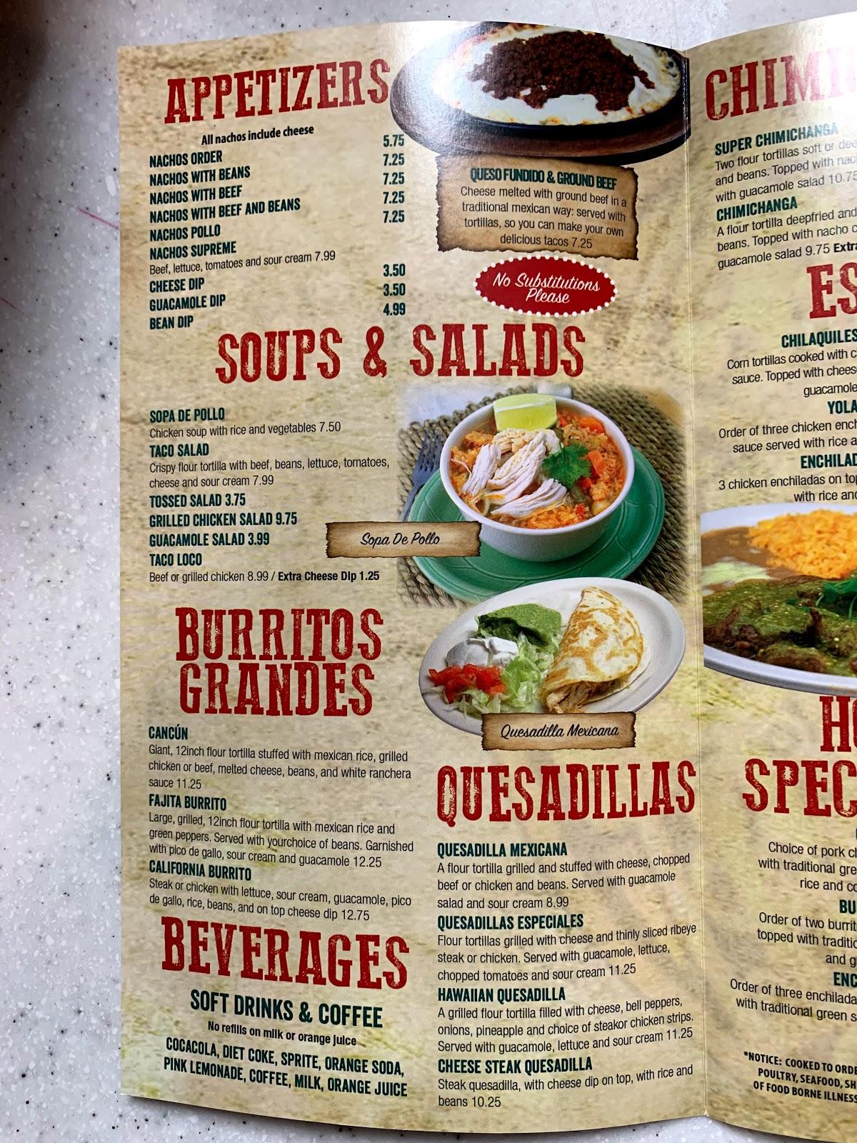 Menu at Azteca Grill restaurant, Lake Wylie