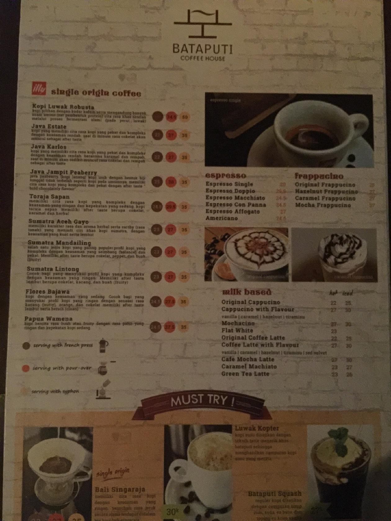 Menu at Bataputi cafe, Malang