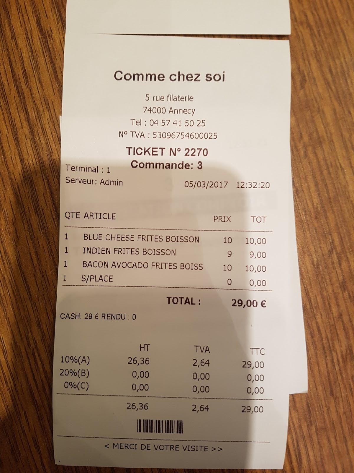 Menu au Comme Chez Soi restaurant, Annecy