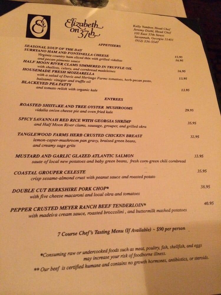 Menu at Elizabeth's on 37th restaurant, Savannah