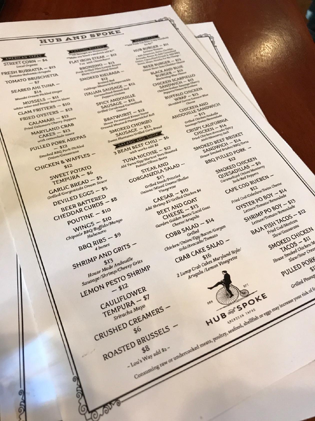 Menu at Hub and Spoke pub & bar, Bridgeport