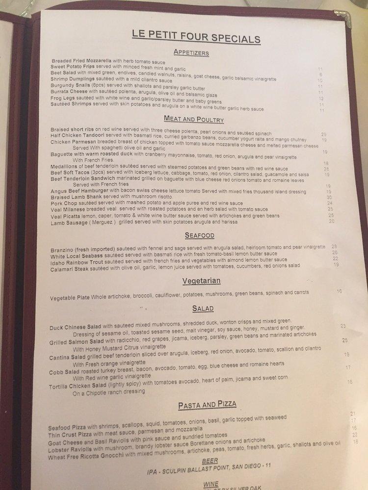 Menu at Le Petit Four restaurant, West Hollywood