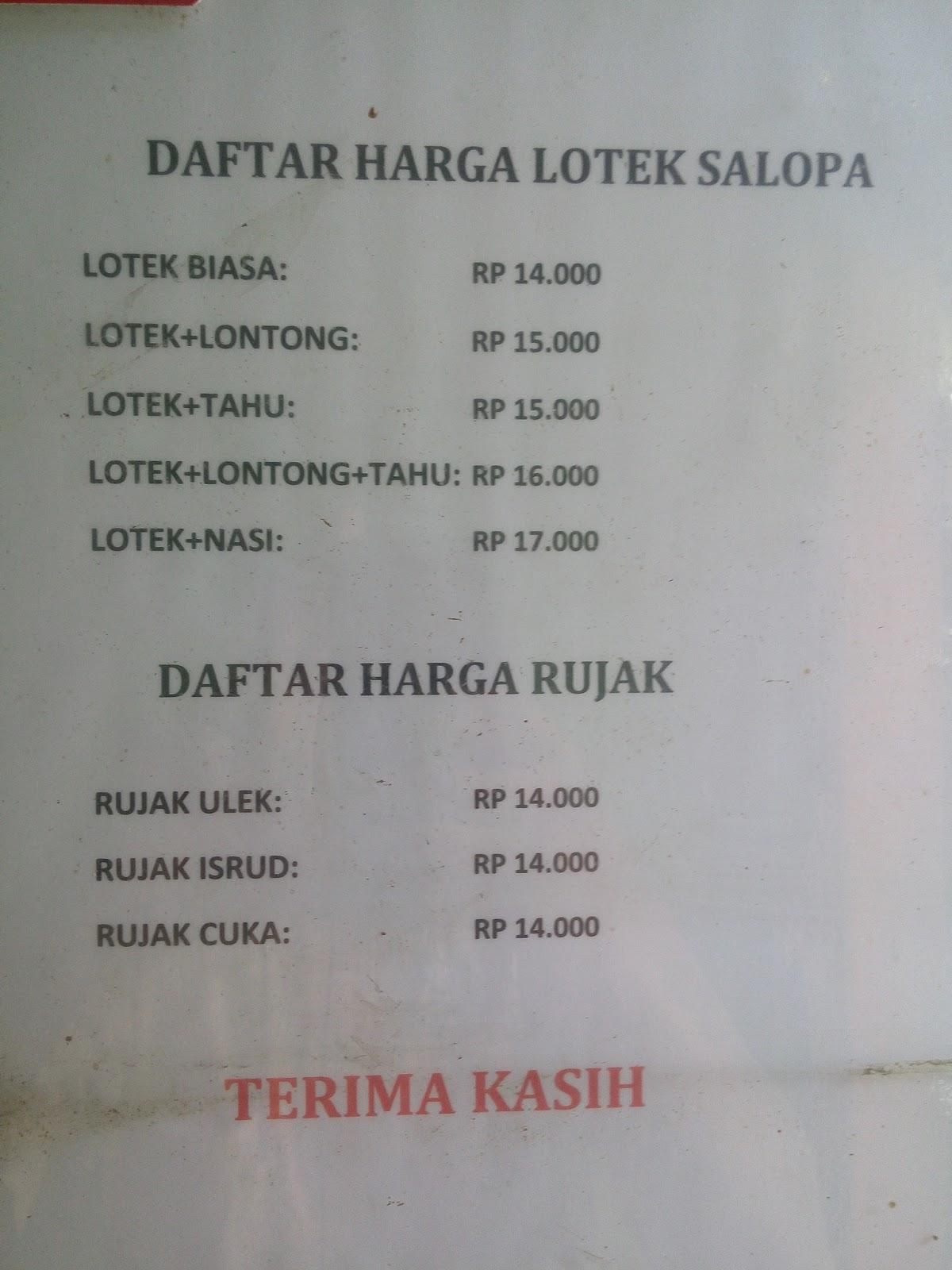 Menu at Lotek Salopa restaurant, Bandung