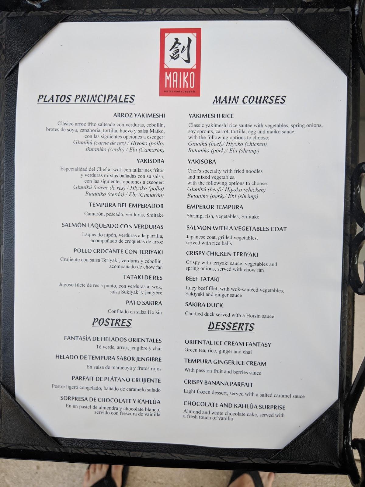 Menu at Maiko Restaurante Japones, Mexico, Luxury Bahia Principe Sian Ka'an