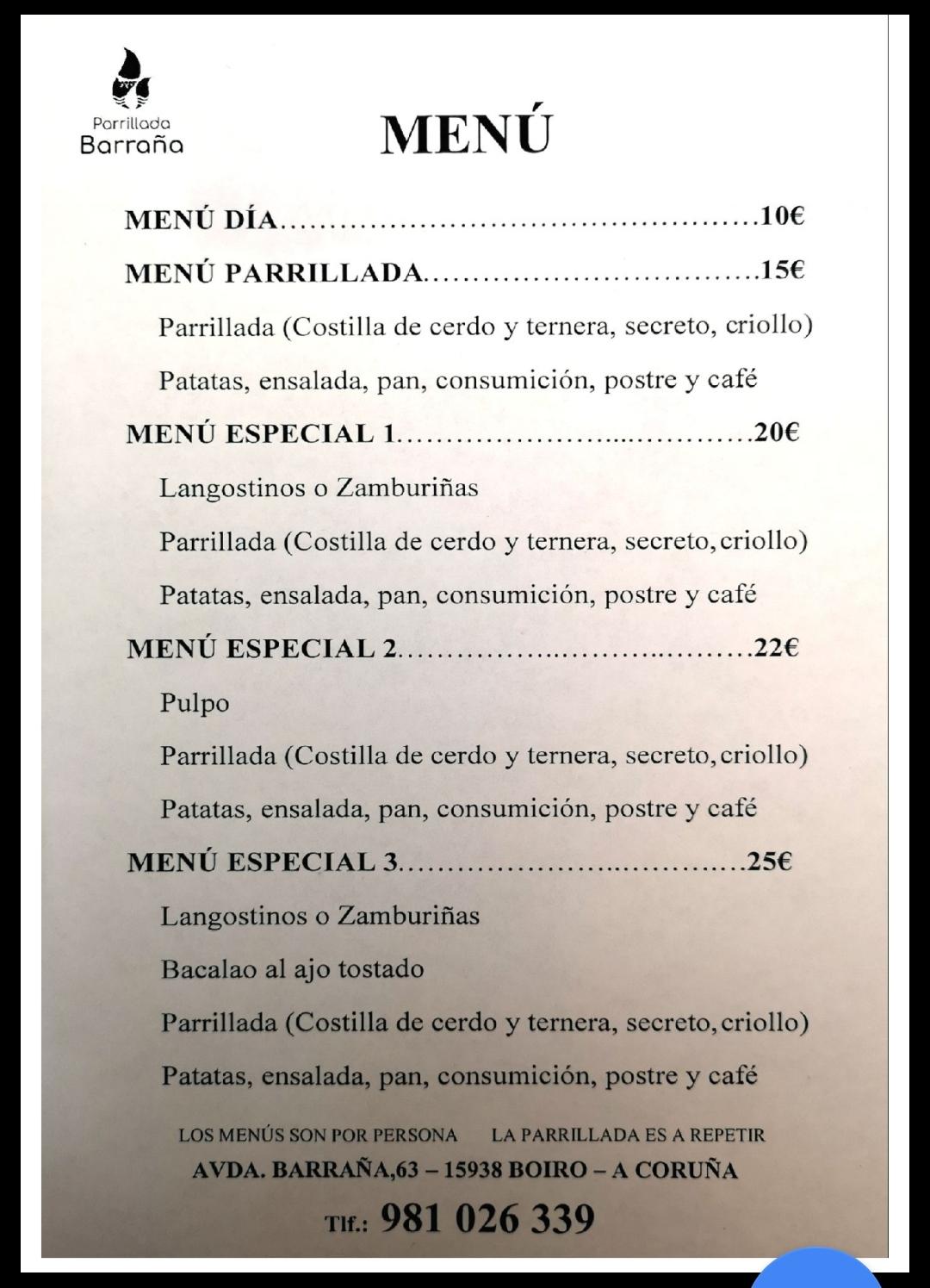 Carta de Parrillada Barraña, Boiro