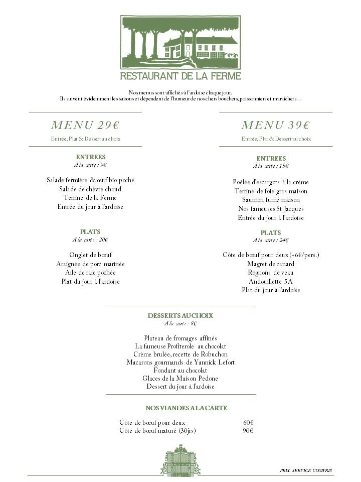 Menu au Restaurant de la Ferme, Yerres, All. de la Ferme