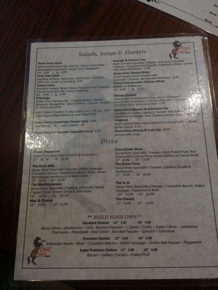 Menu at Stone Pony Pizza pizzeria, Clarksdale