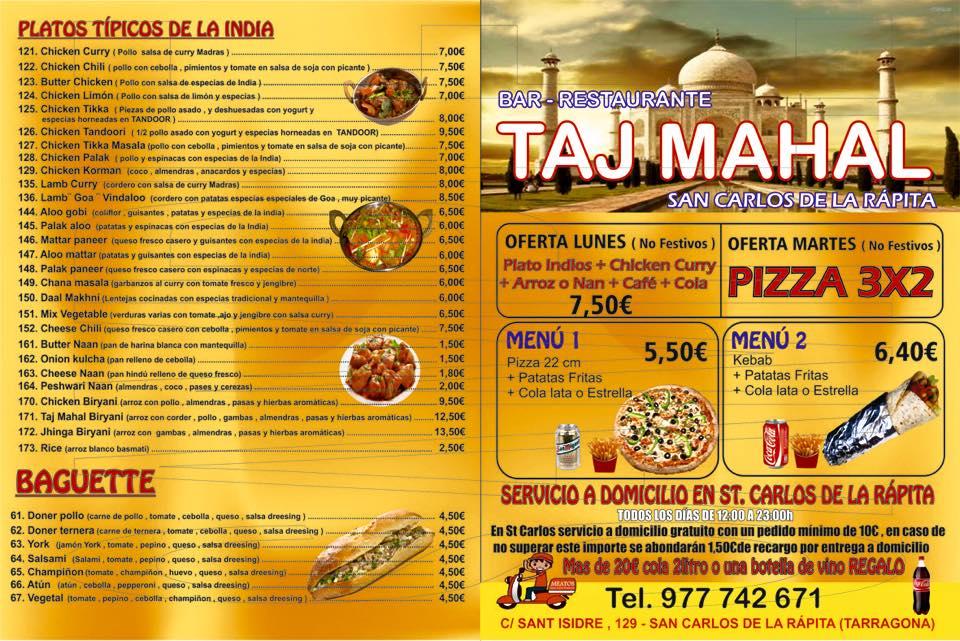 Menu at Taj Mahal Restaurant, Sant Carles de la Ràpita