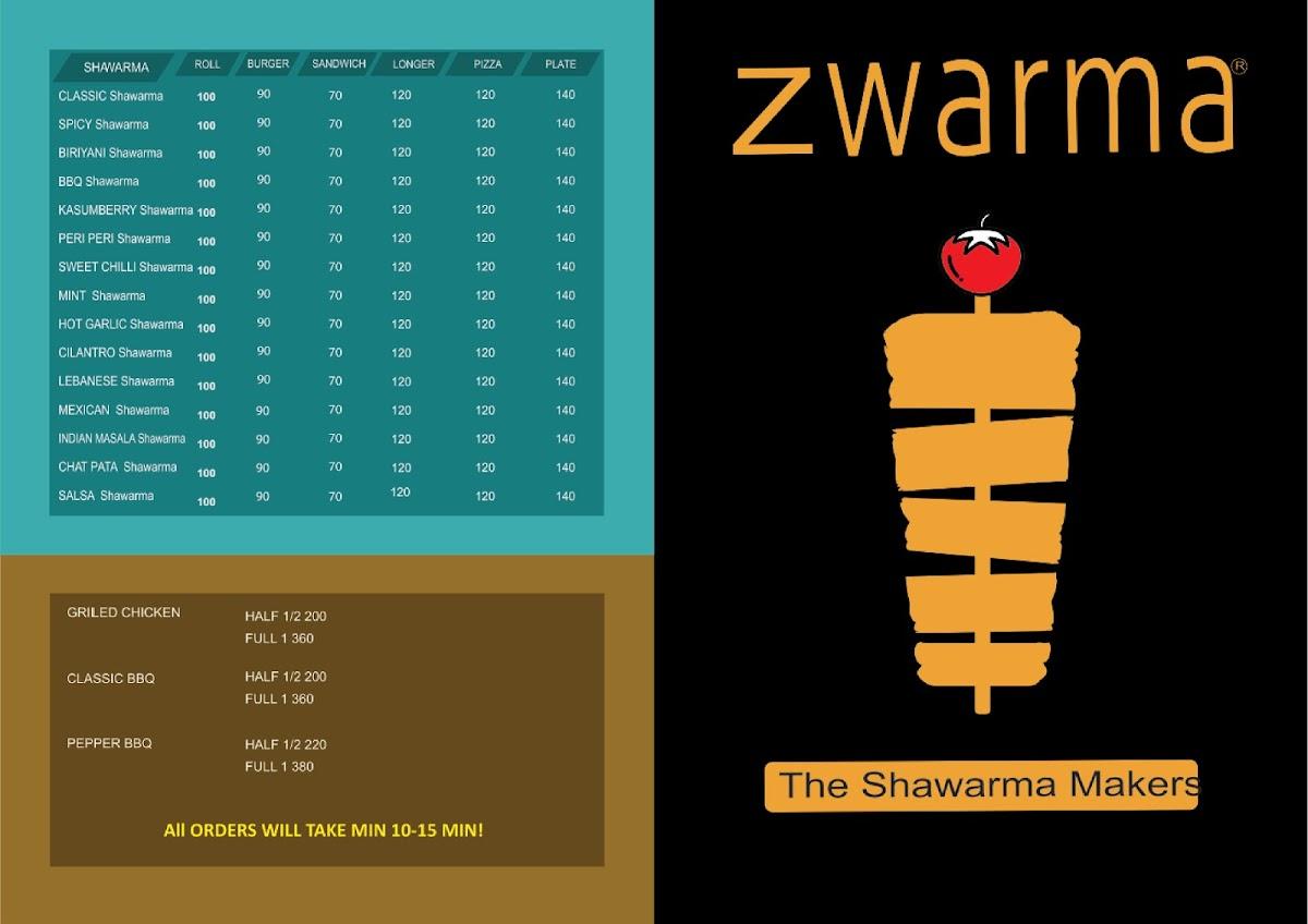 Menu at Zwarma (The Shawarma Makers), Nandyal