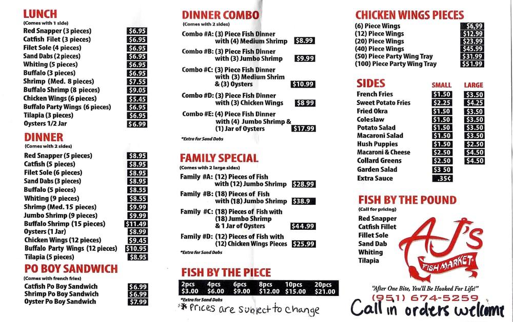 Menu at AJ's Fish Market restaurant, Lake Elsinore