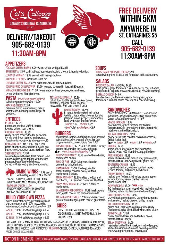 Menu at Cat's Caboose pub & bar, St. Catharines