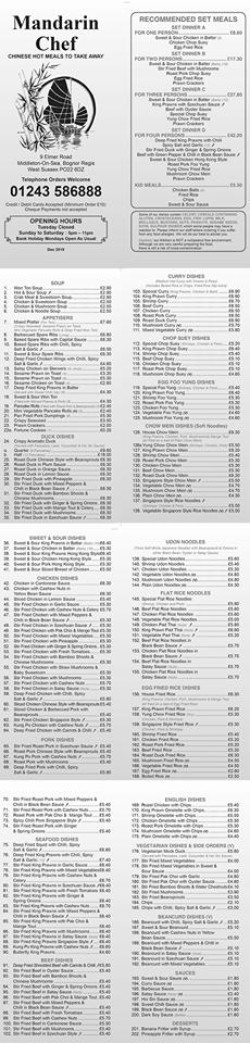 Menu at Mandarin Chef Middleton on Sea fast food, Bognor Regis, 9 Elmer Rd
