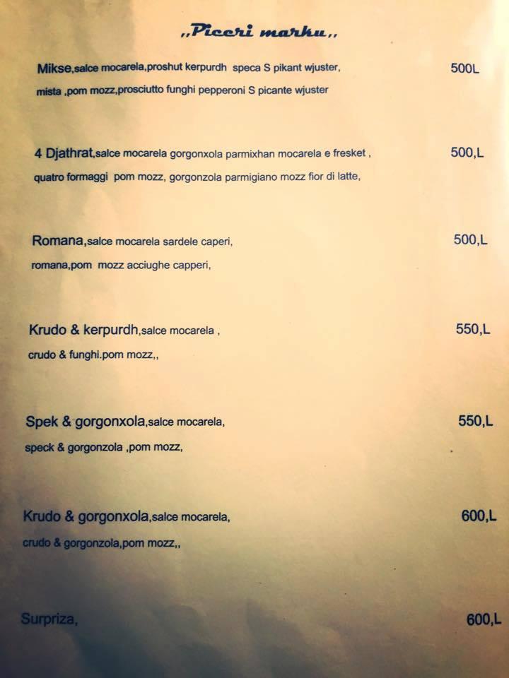 Menu at Piceri Marku Italiane restaurant, Lezhë District