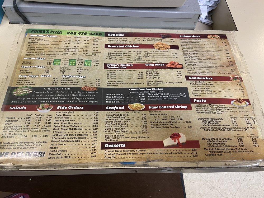 Menu at Primo's Pizzeria, Livonia, W Seven Mile Rd