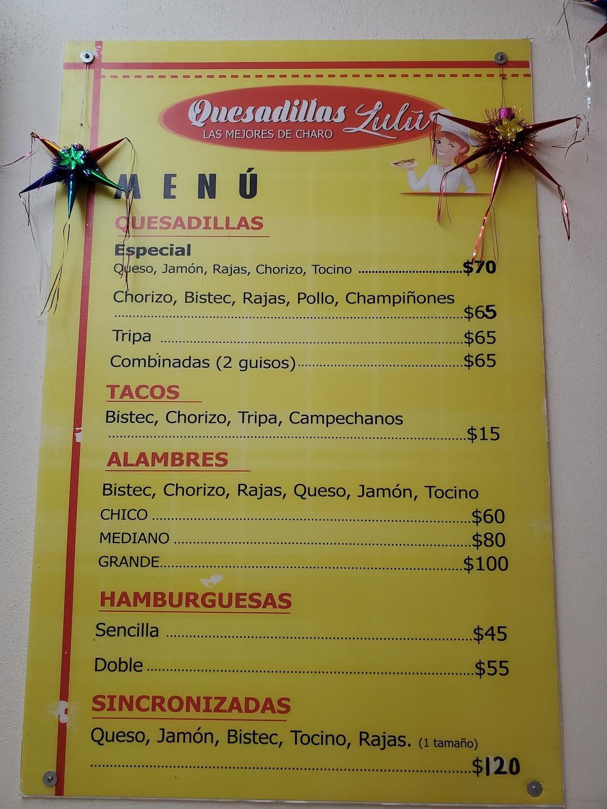 Menu at Quesadillas Lulú restaurant, Charo
