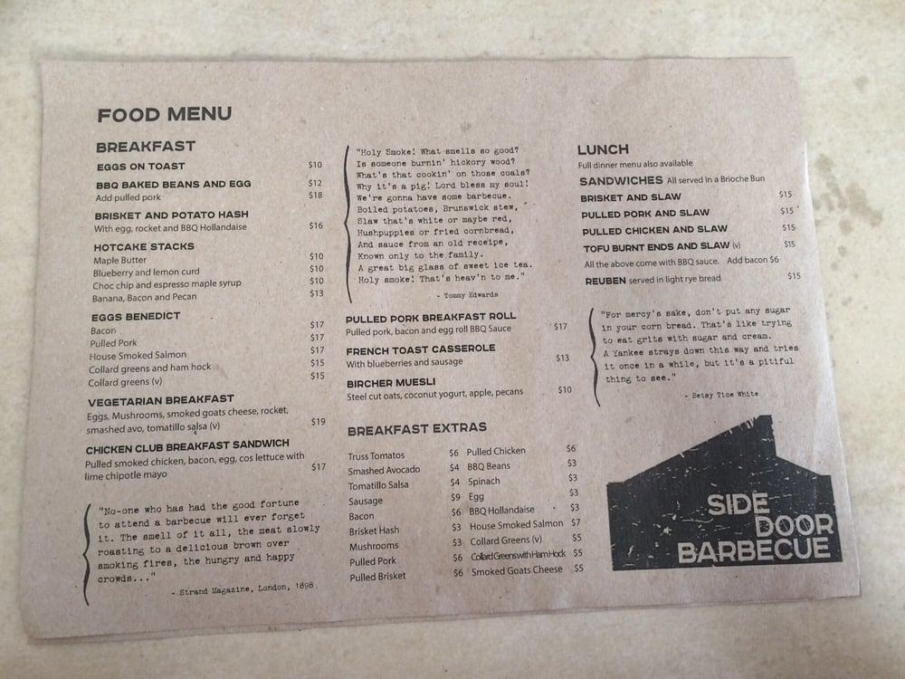 Menu at Side Door Barbecue, Highgate