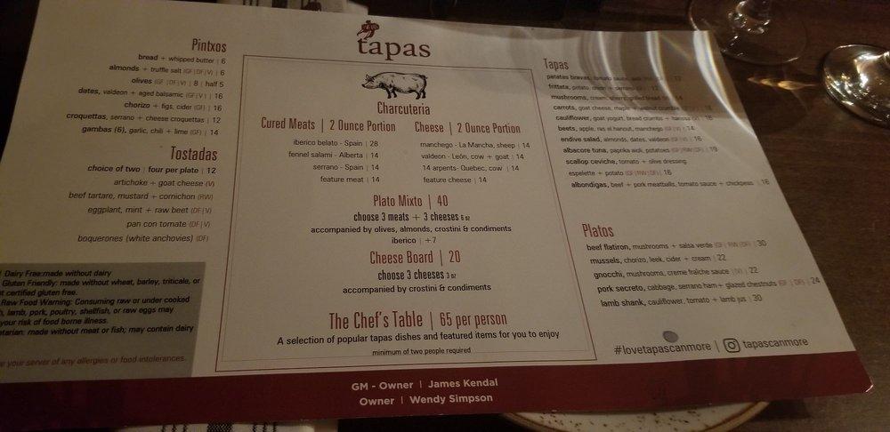 Menu at Tapas pub & bar, Canmore
