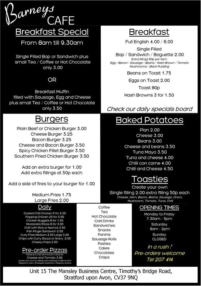 Menu at Barney's Cafe, Stratford-upon-Avon