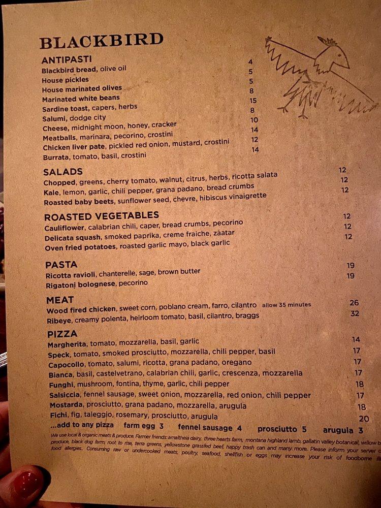 Menu at Blackbird restaurant, Bozeman