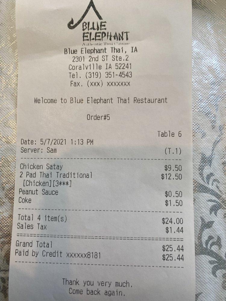 Menu at Blue Elephant Thai Restaurant, Coralville