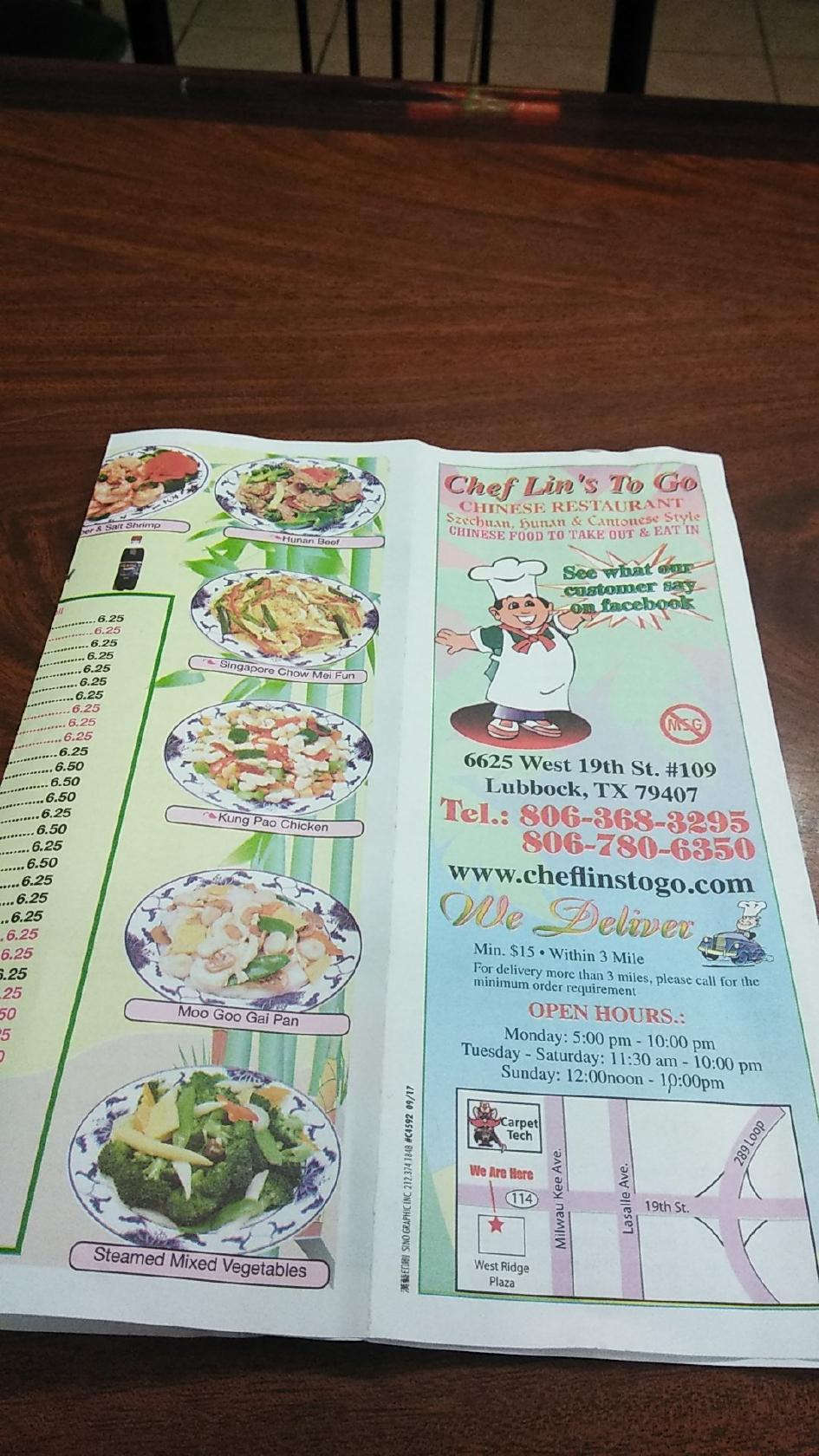 Menu at Chef Lin's To Go restaurant, Lubbock